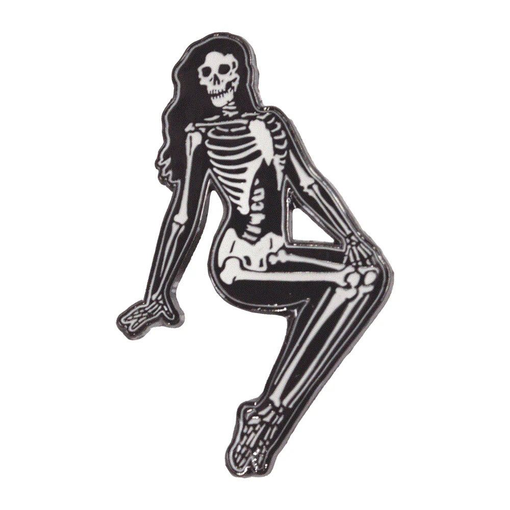 Skeleton Pin-up Girl Sitting Enamel Pin – Culture Craze